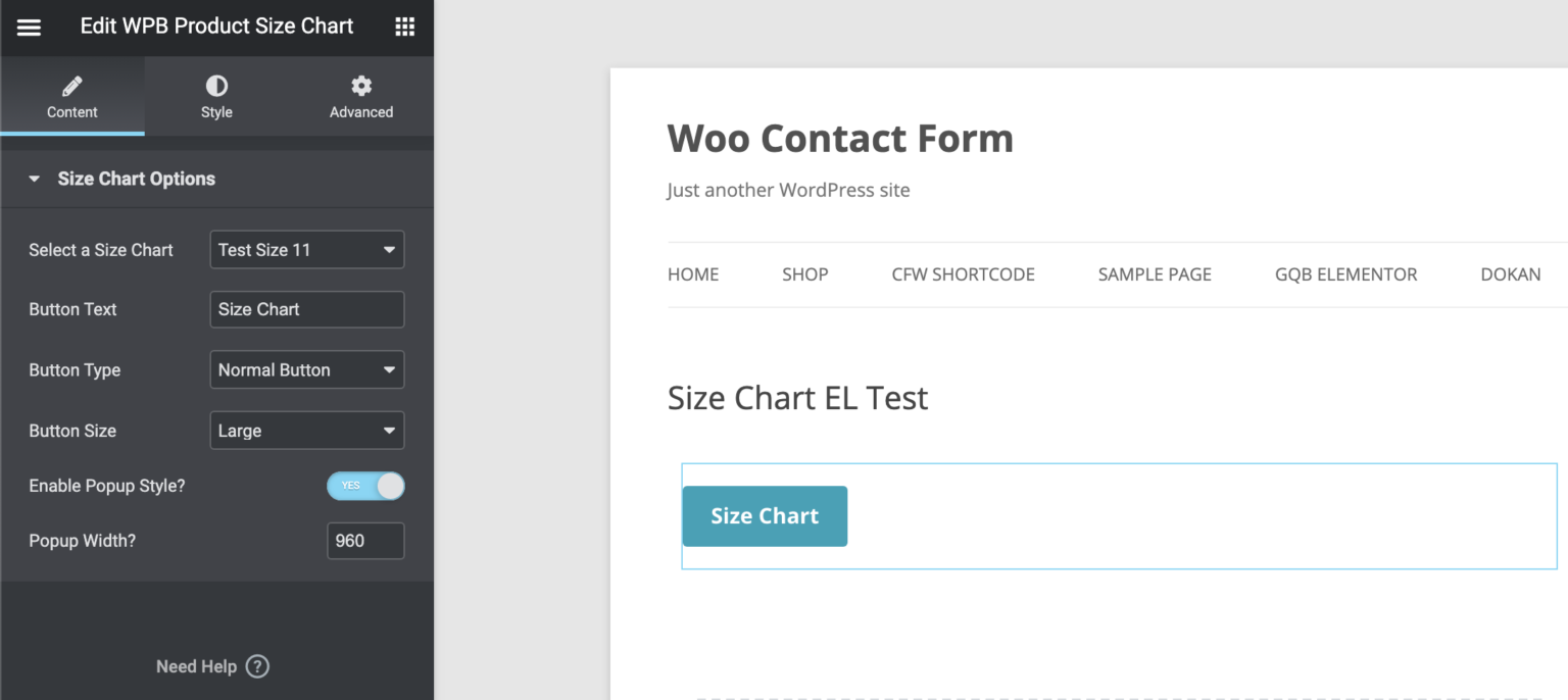 Showing Size Chart Using The Elementor (Pro) - WpBean Documentation
